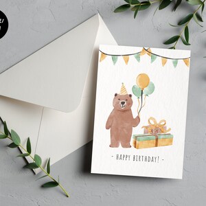 Printable Birthday Card Bear, Gifts and Balloons | Boho Style ...