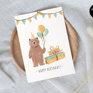 Printable Birthday Card Bear, Gifts and Balloons | Boho Style ...