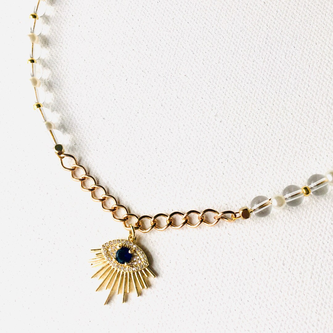 Evil Eye Gold Charm Necklace, Sapphire and Diamond Cubic Zirconia and ...