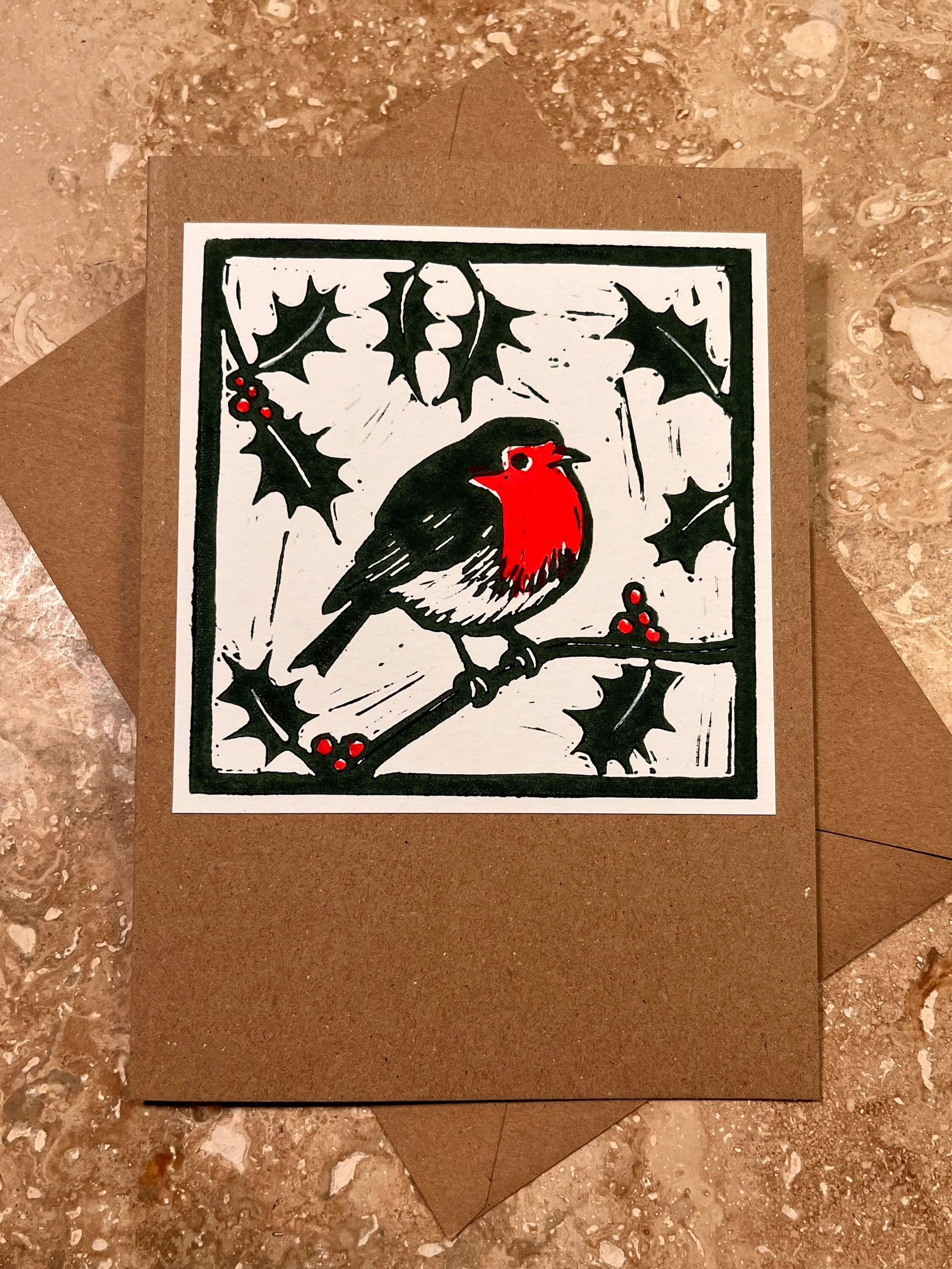 Robin and Holly - Hand-printed Linocut Greetings Card, Christmas ...