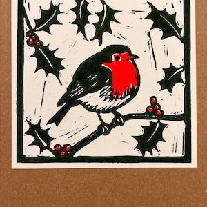 Robin and Holly - Hand-printed Linocut Greetings Card, Christmas ...