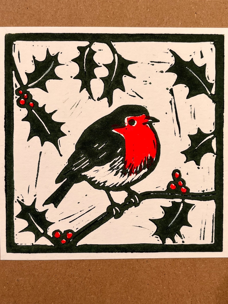 Robin and Holly Hand-printed Linocut Greetings Card, Christmas, Holiday ...