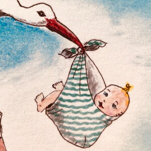 New Baby Greetings Card, Stork Delivering Baby, Birth Congratulations ...