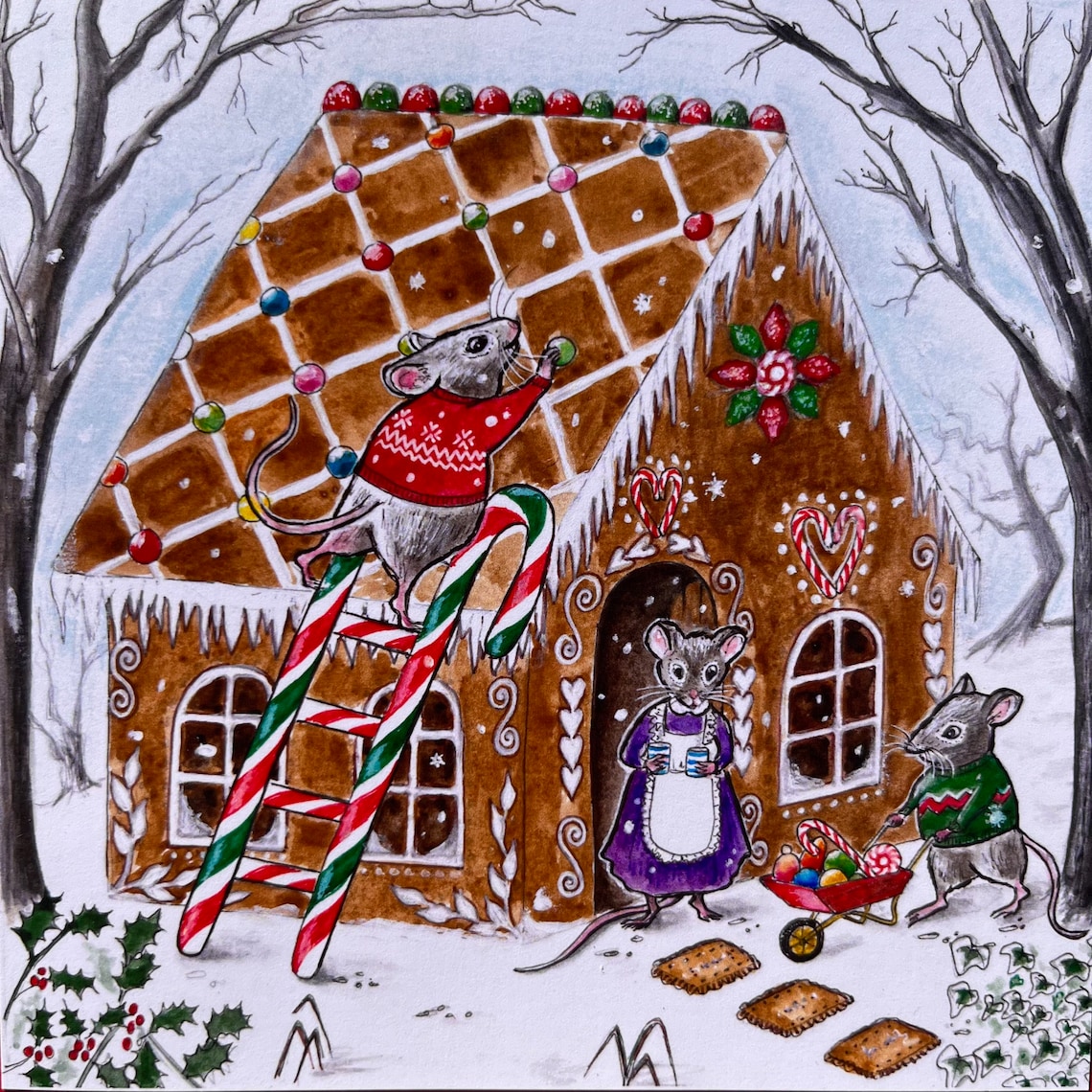 The Gingerbread Mouse House Christmas Card Animal Christmas - Etsy