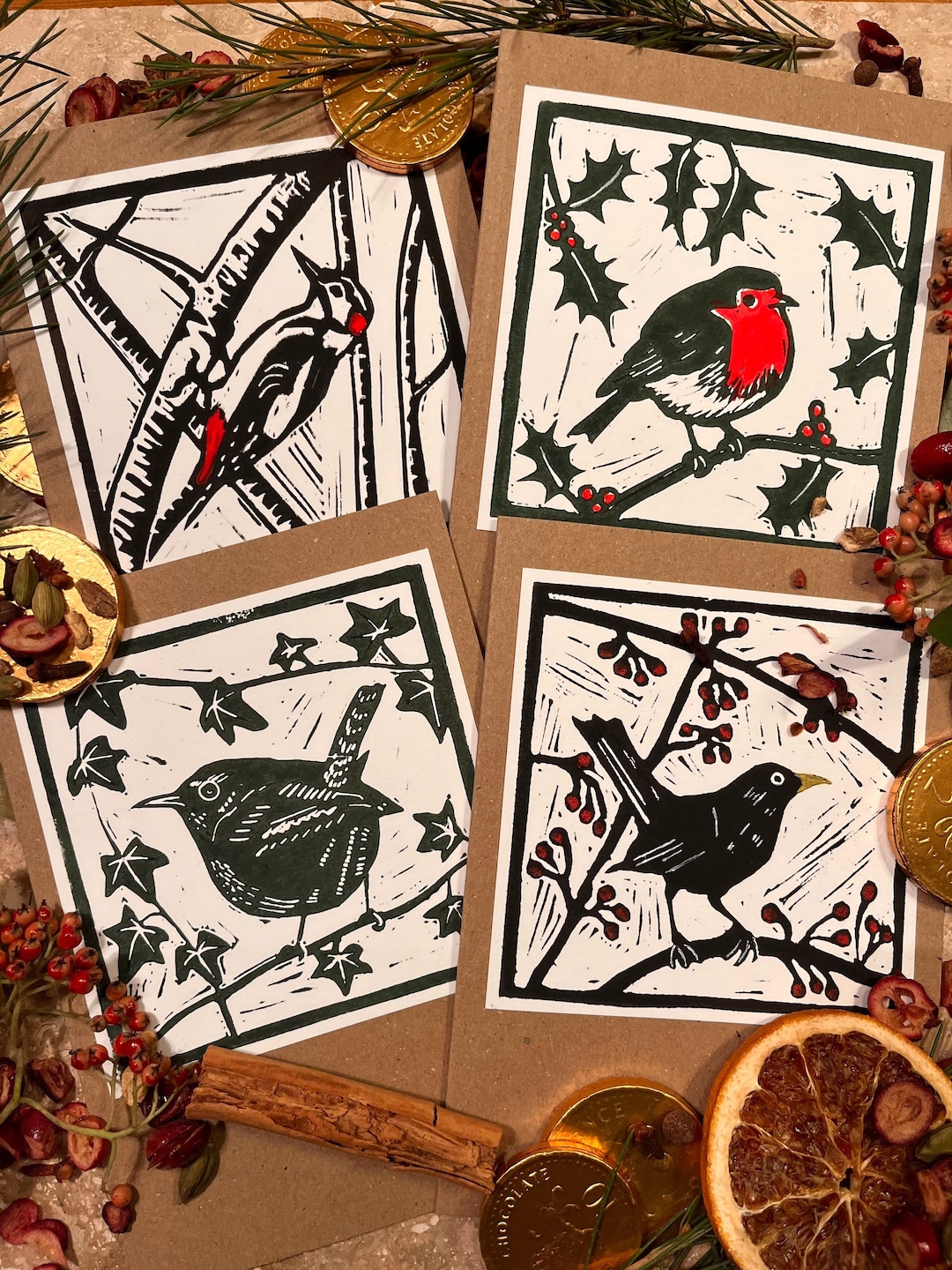 Winter Bird Card Collection - Hand-printed Linocut Cards, Robin ...