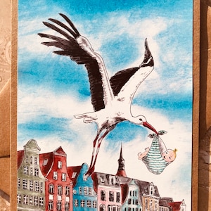 New Baby Greetings Card, Stork Delivering Baby, Birth Congratulations ...