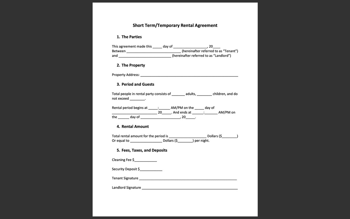 Short Term/temporary Rental Agreement - Etsy Canada