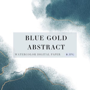 Watercolor Digital Paper Blue Gold, Watercolor Background Paper ...