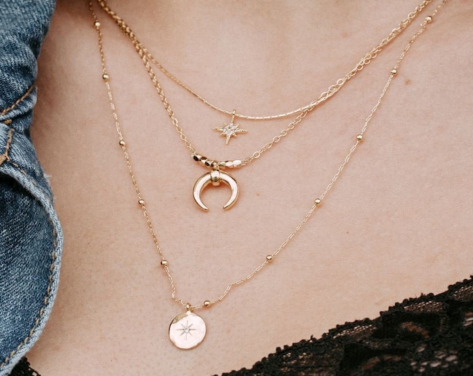 Multilayer Star Moon Sun Choker Necklace North Star Multi Strand ...