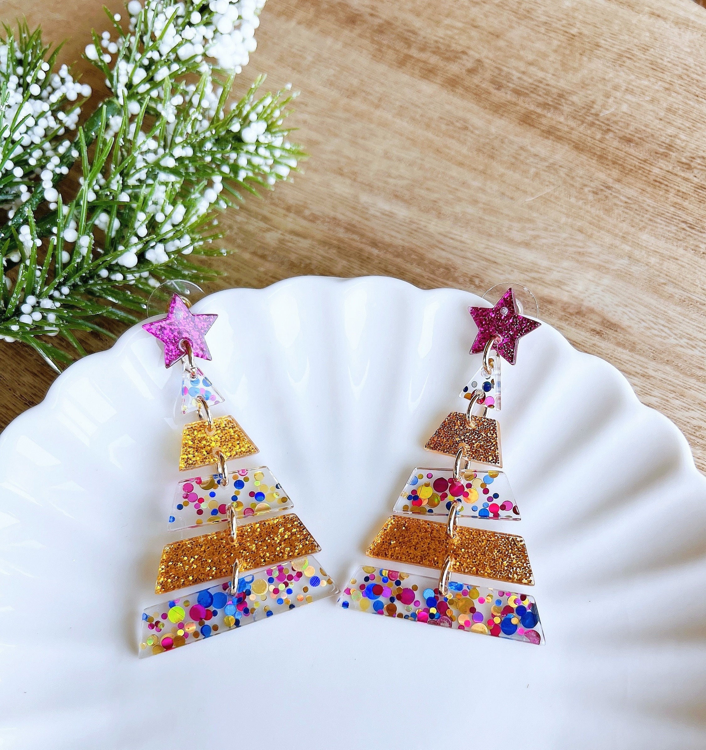 Christmas Tree Sparkle Tiered Dangle Earrings | Xmas Acrylic Glitter ...