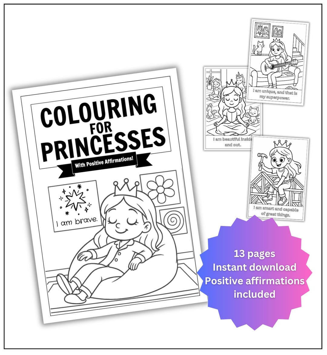 Princess Affirmation Colouring Book for Girls | Printable PDF | 13 ...