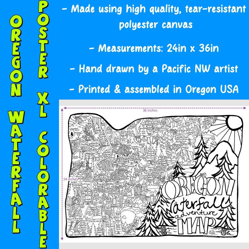 Oregon Waterfall Adventure Map - 24" X 36" - X Large - Etsy
