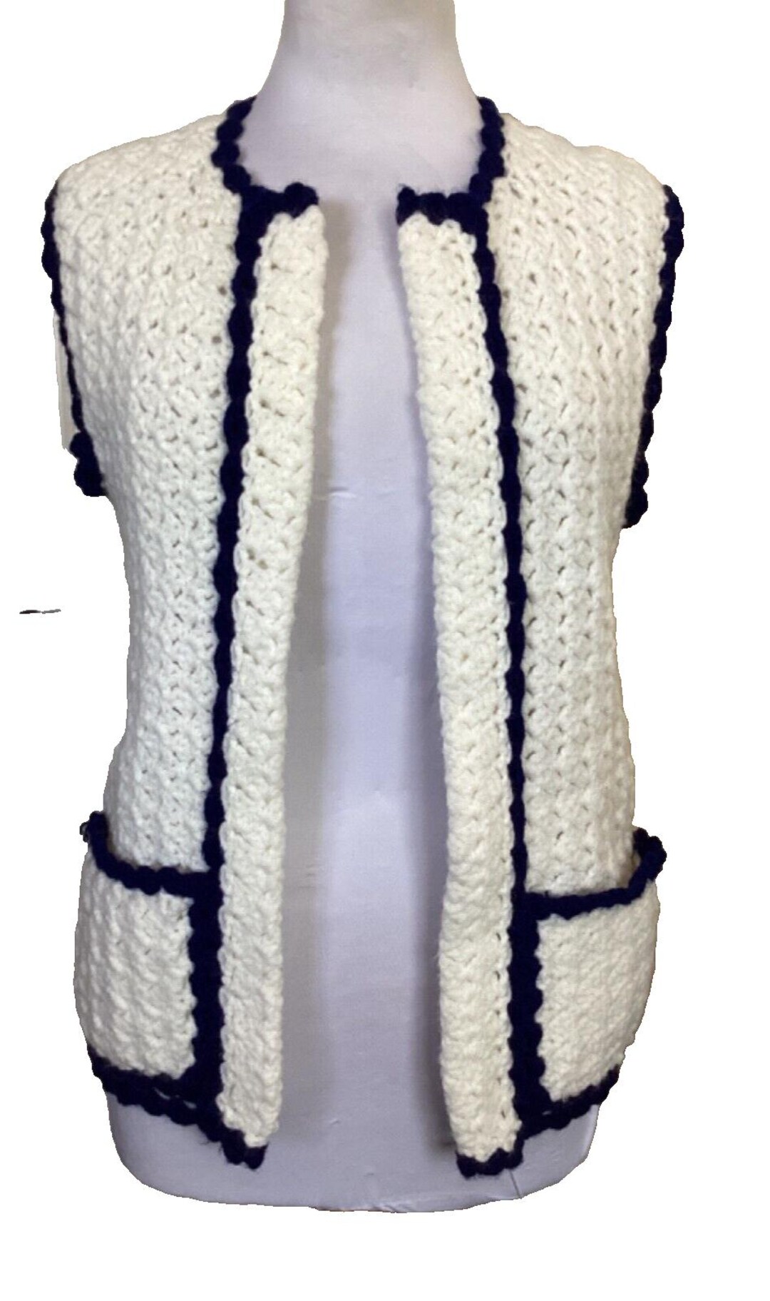 Vintage Groovy Crochet Open Vest White Blue - Etsy