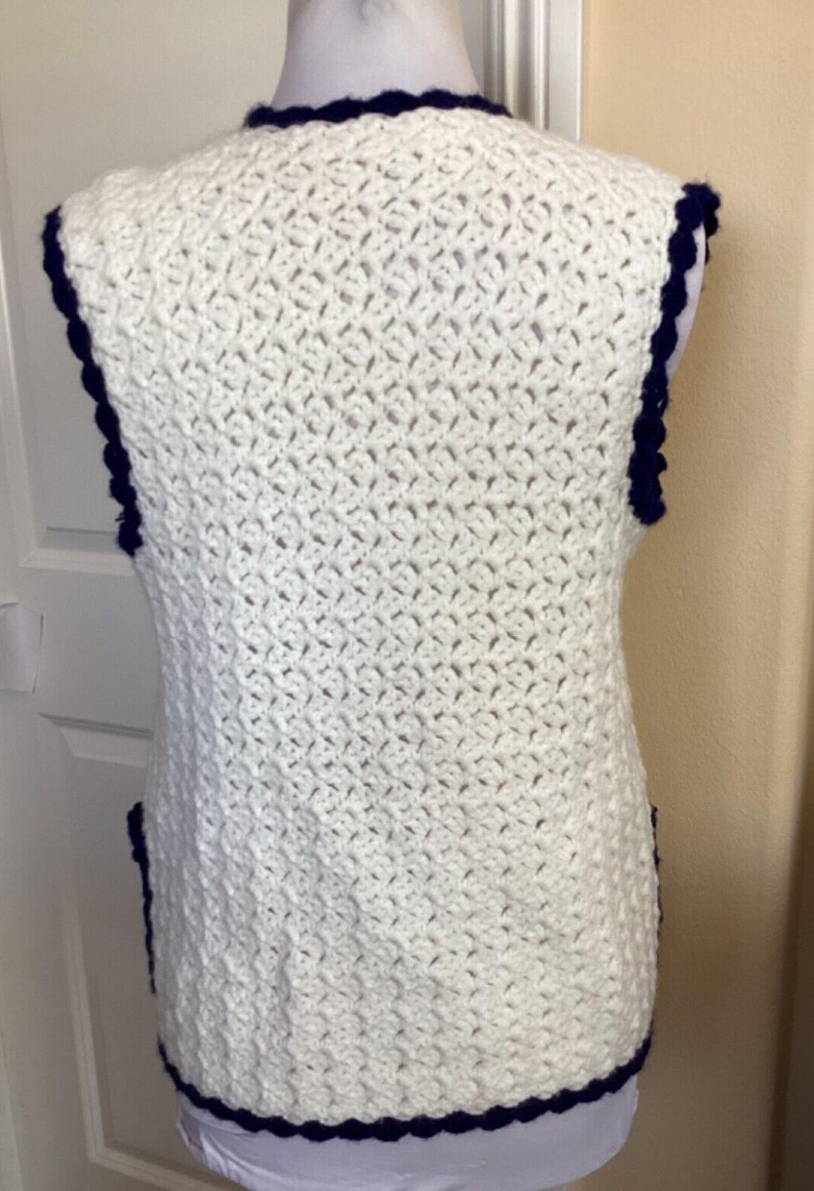 Vintage Groovy Crochet Open Vest White Blue - Etsy