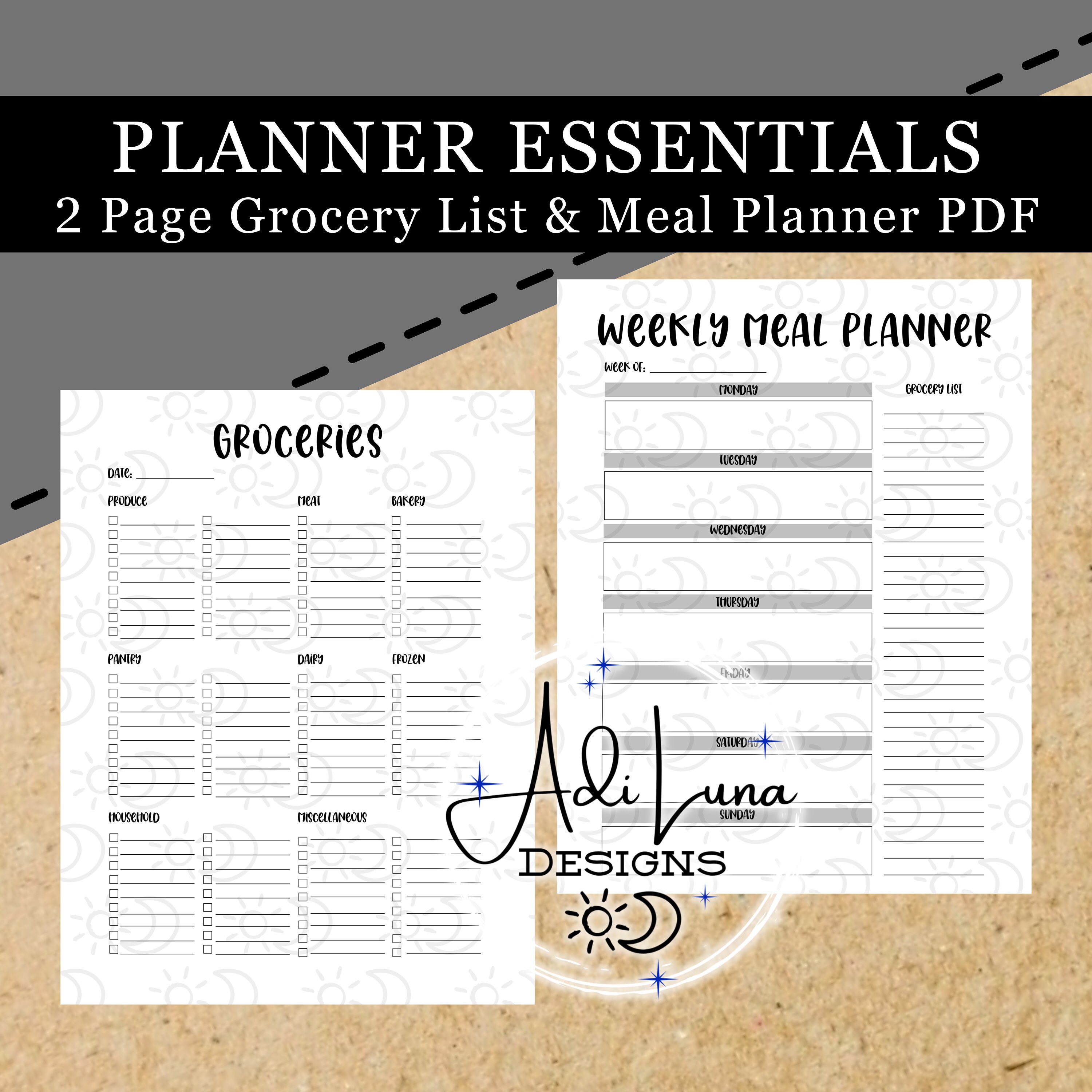 Grocery List & Weekly Meal Planner / Planner Essentials / 4 Page ...