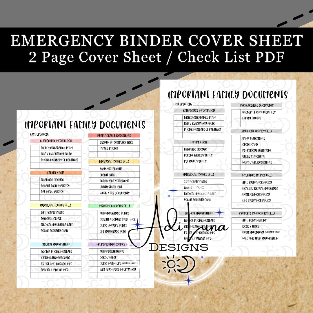Emergency Binder Cover Sheet Check List / 2 Page Instant Download / PDF ...