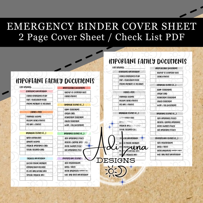 Emergency Binder Cover Sheet & Checklist (2-page PDF) - Etsy