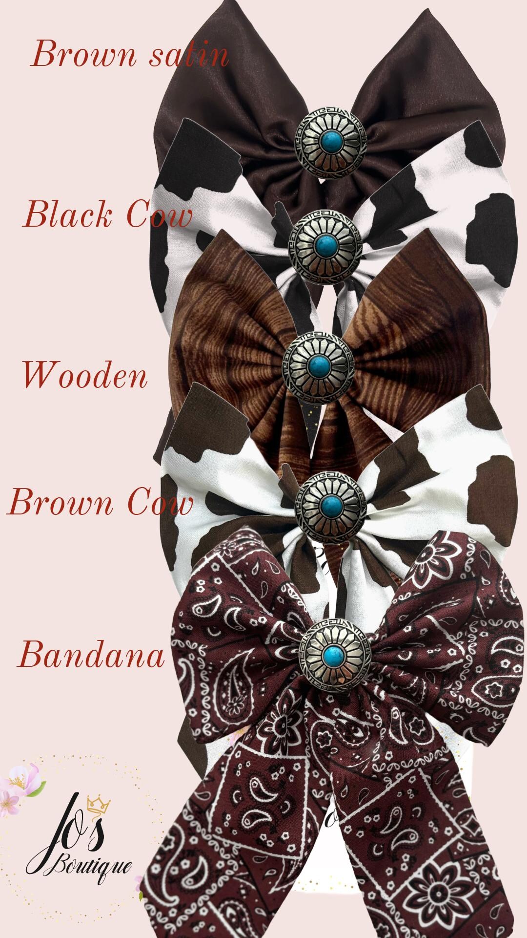 Western Hair Bow, Bandana, Cow Print, Wooden Print, Brown, Coquette ...