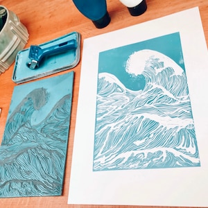 Wave Lino Print - Etsy UK