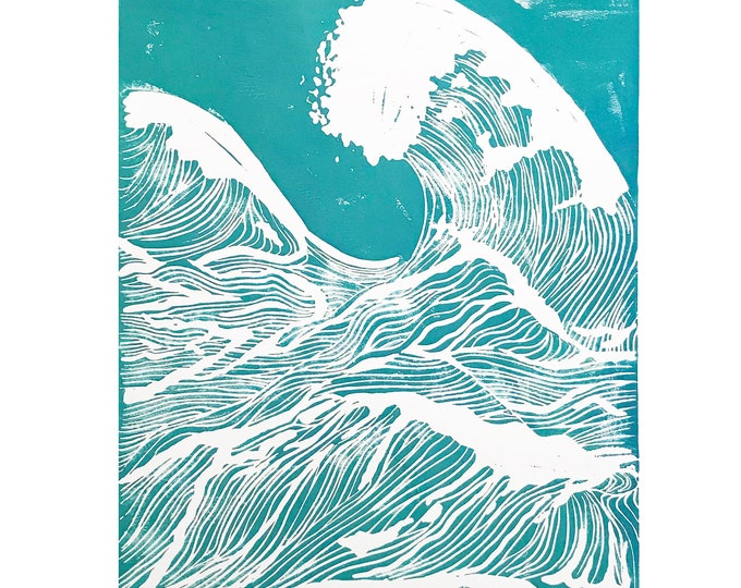 Handmade Block Print/lino-cut Print - Waves in A Bottle - Ocean Art ...