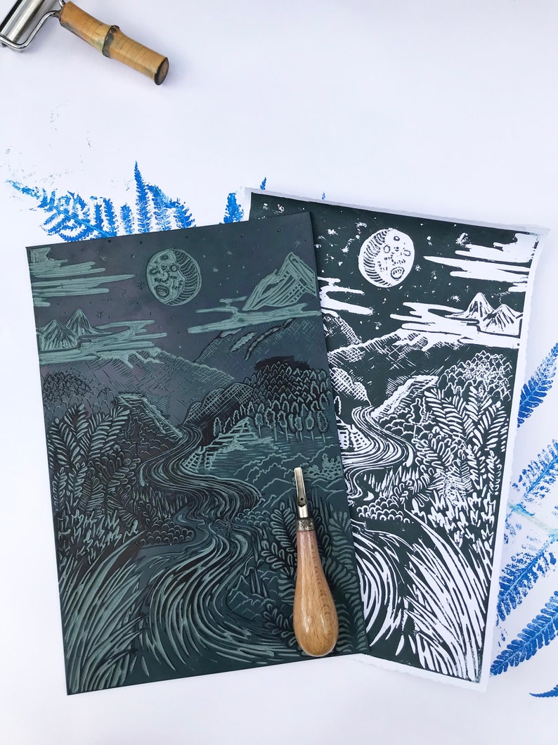 Full Moon Lino Print - Etsy