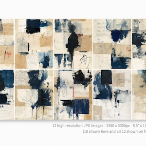 Spilled Indigo Ink Collage Paintings - Navy Beige Collages - Digital ...