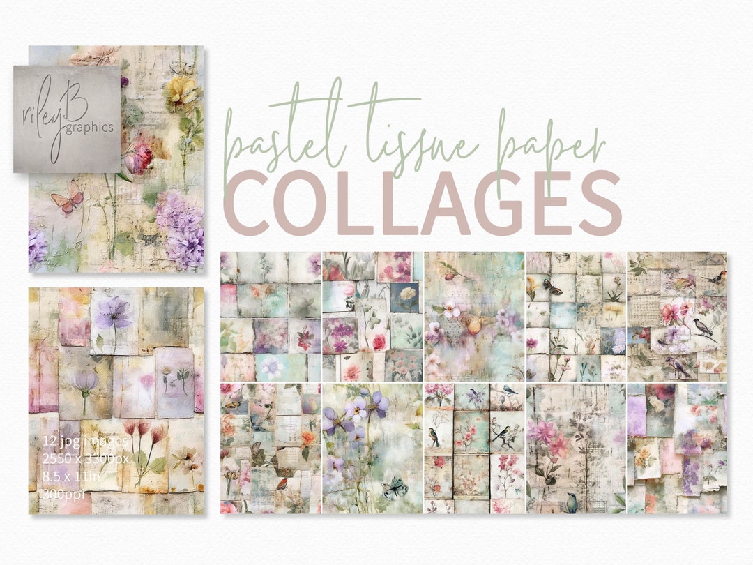 Pastel Tissue Paper Collage Paintings - Junk Journal Collages - Floral ...