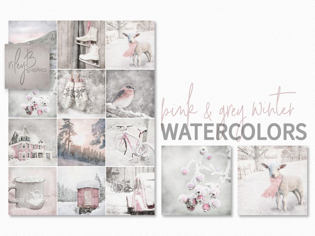 Pink and Grey Winter Watercolors – Frosty Landscapes and Animals – Soft ...