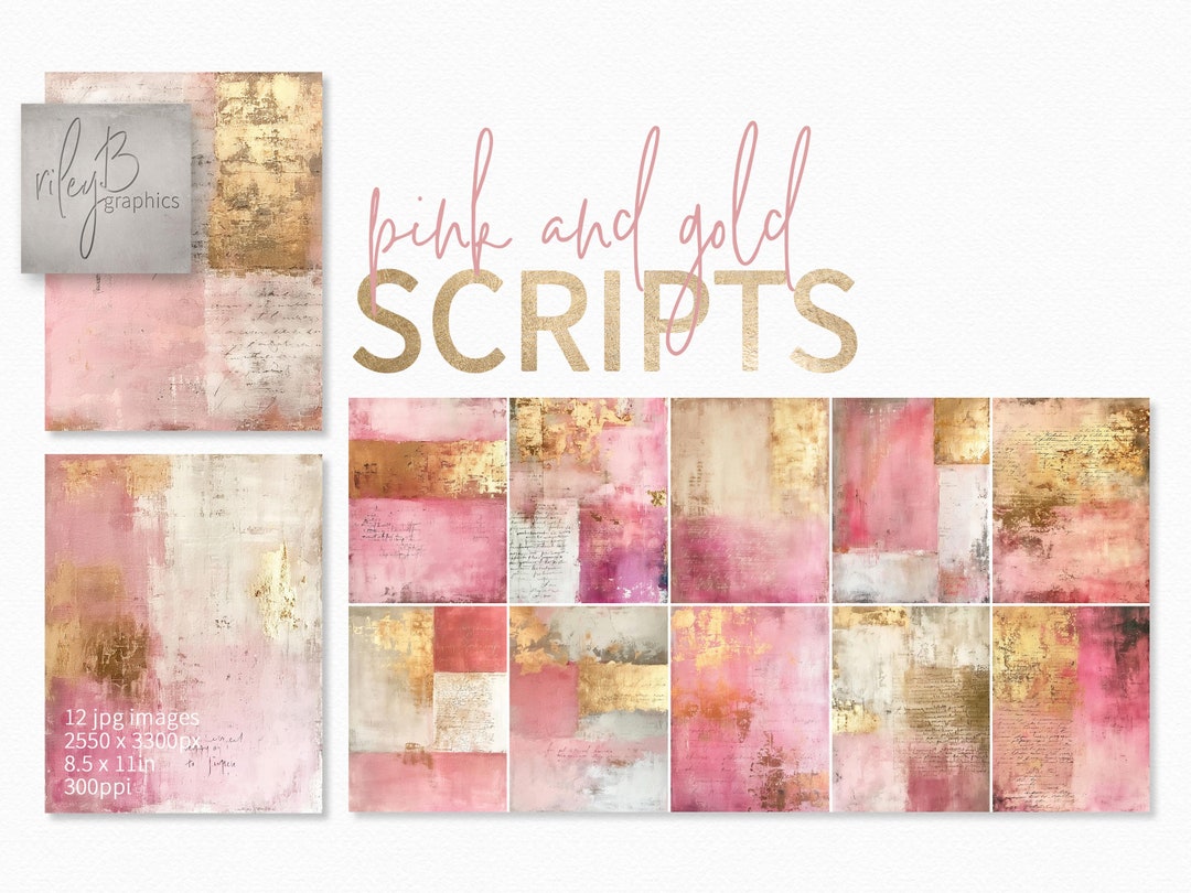 Pink and Gold Scripts – Blush Collaged Layers – Vintage Letter Texture ...