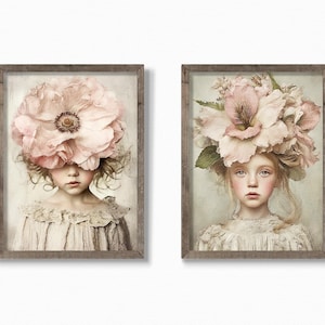 Flower Girls - Soft Tone Flower Hats - Floral Hats Portrait Paintings ...