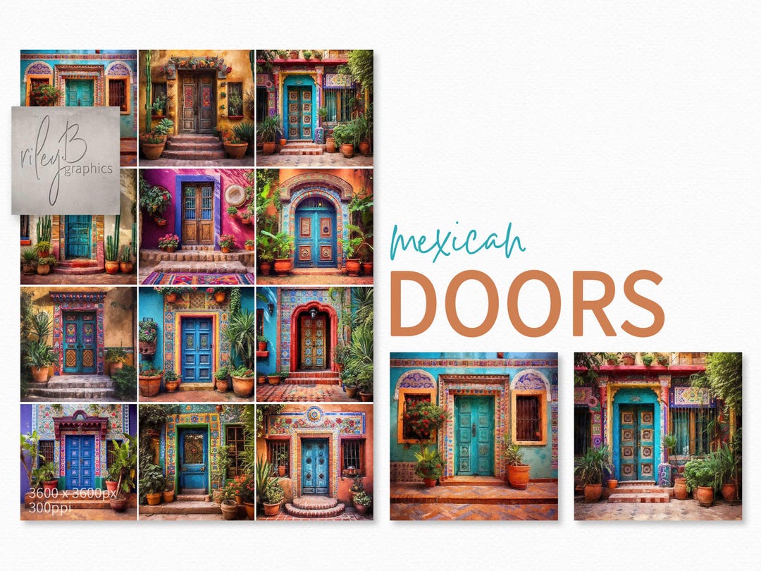 Mexican Doors – Illustrated Colorful Doorway Backgrounds – Hand-painted ...