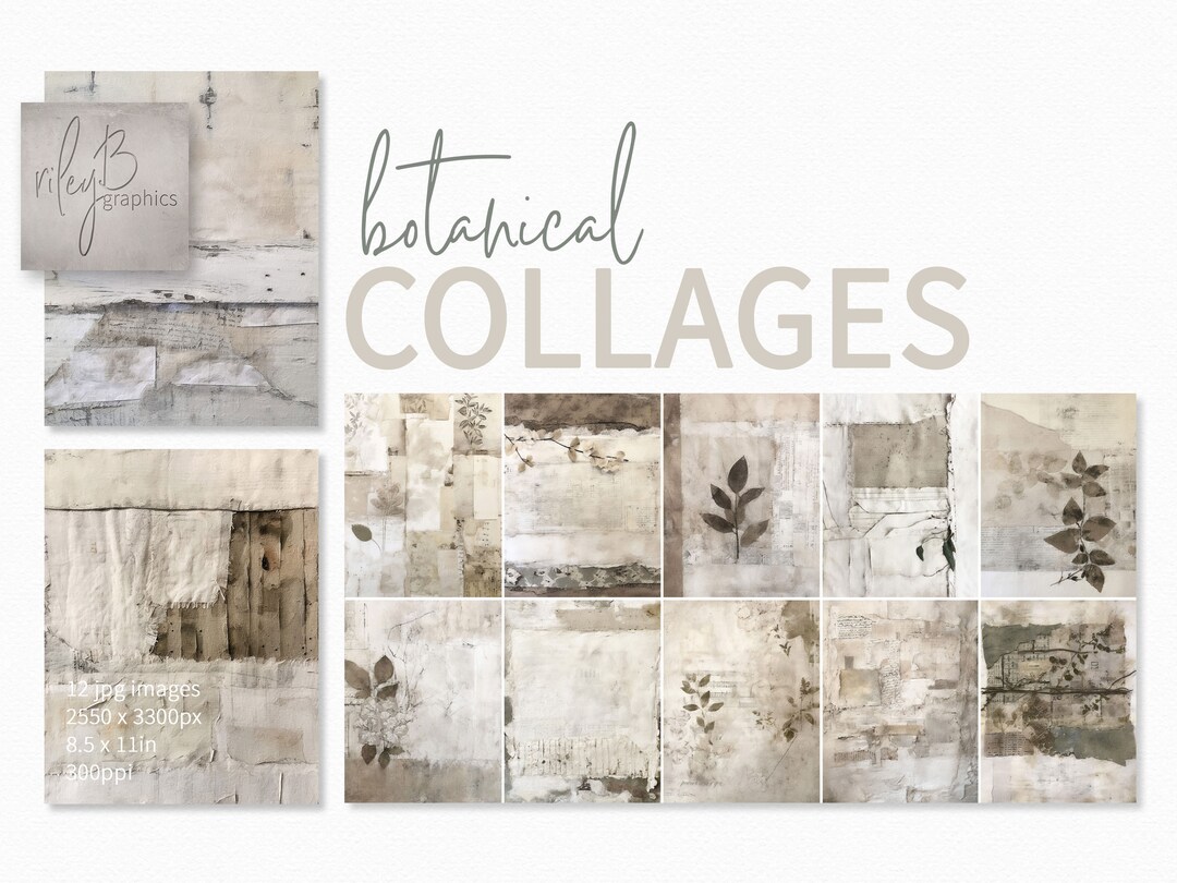 Botanical Collages - Neutral Textured Art - Vintage Botanical Prints ...