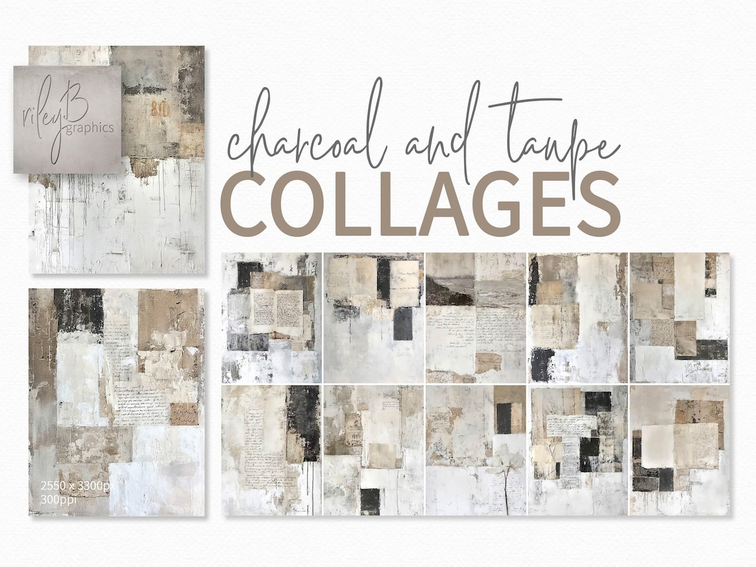 Charcoal and Taupe Collages - Vintage Ephemera Art - Layered Abstract ...