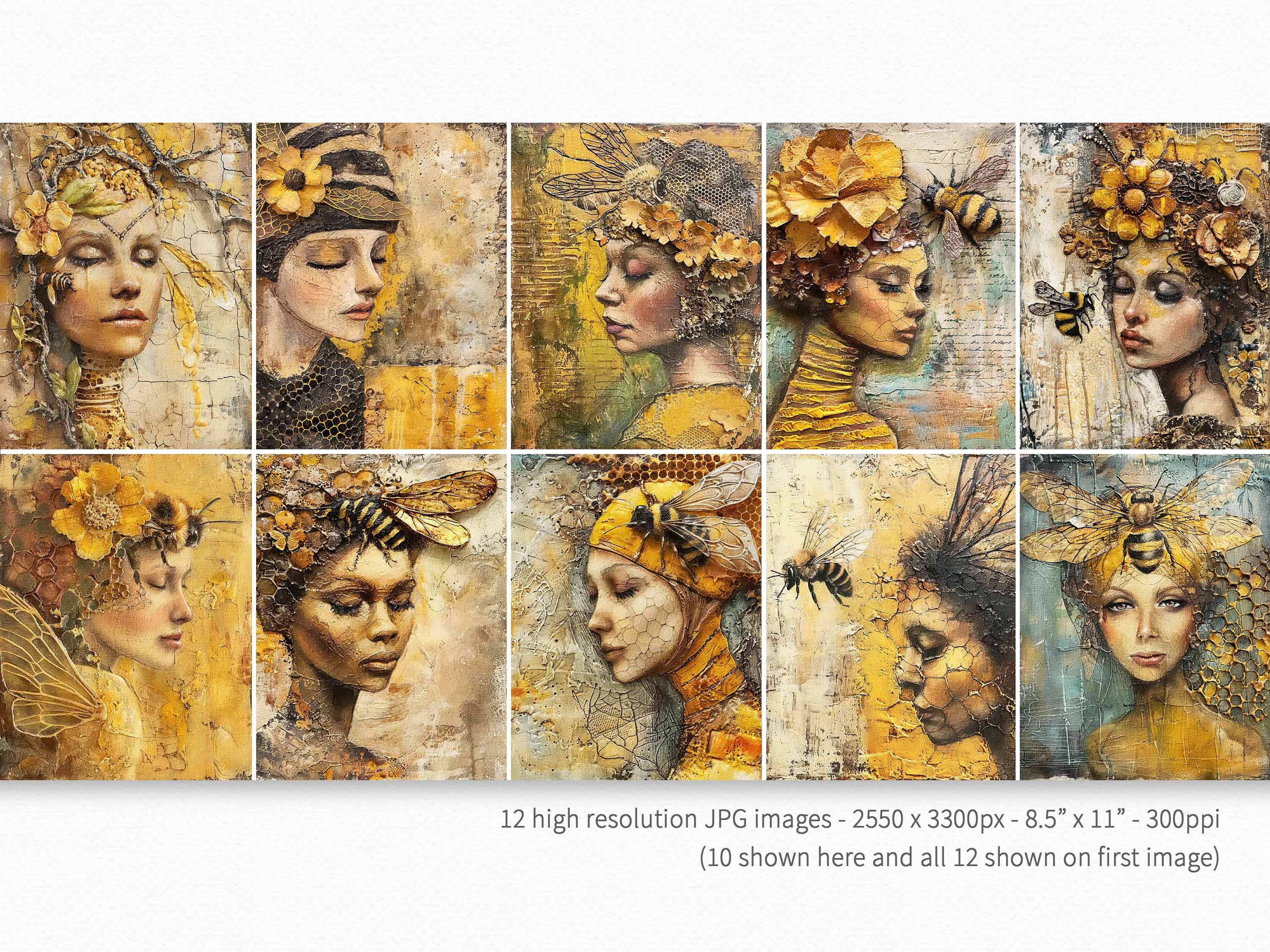 Queen Bee – Vintage Honey Bee Portrait Art – Yellow Gold Textured ...