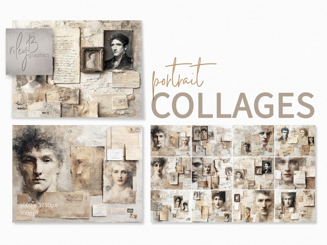 Portrait Collages – Vintage Ephemera Face Art – Antique Letters and Old ...
