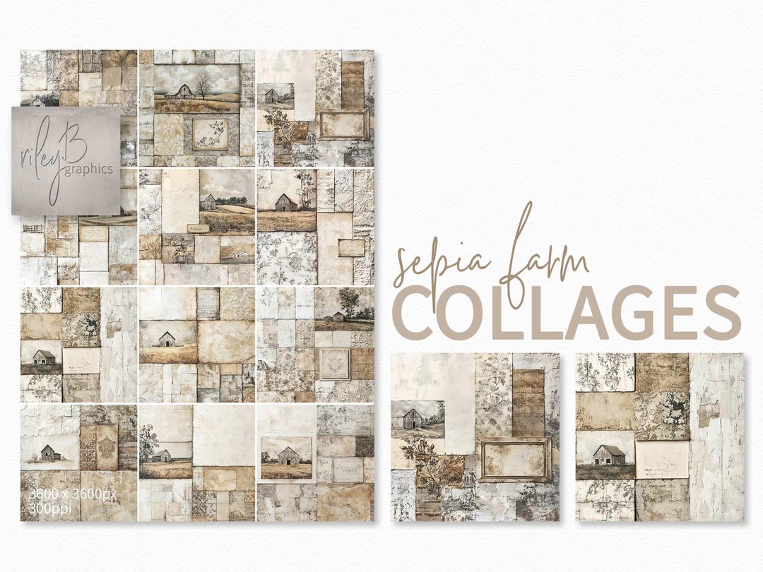 Sepia Farm Collages – Rustic Barn Landscape Panels – Neutral Layered ...