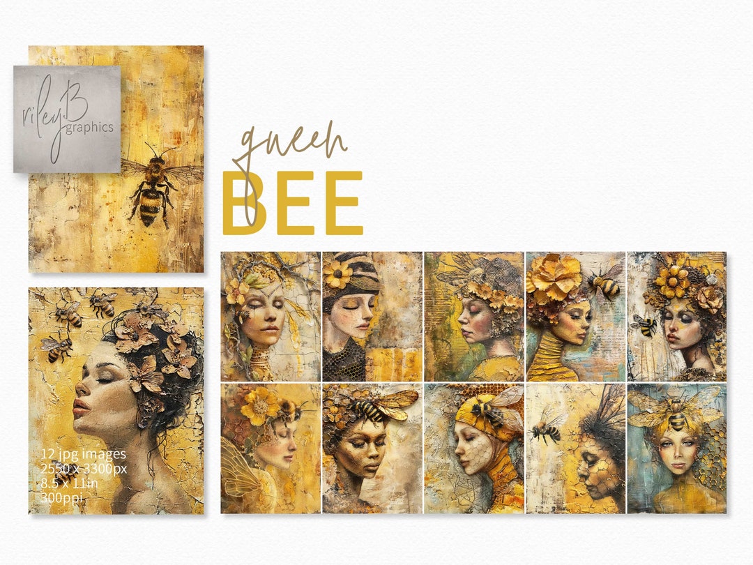 Queen Bee – Vintage Honey Bee Portrait Art – Yellow Gold Textured ...