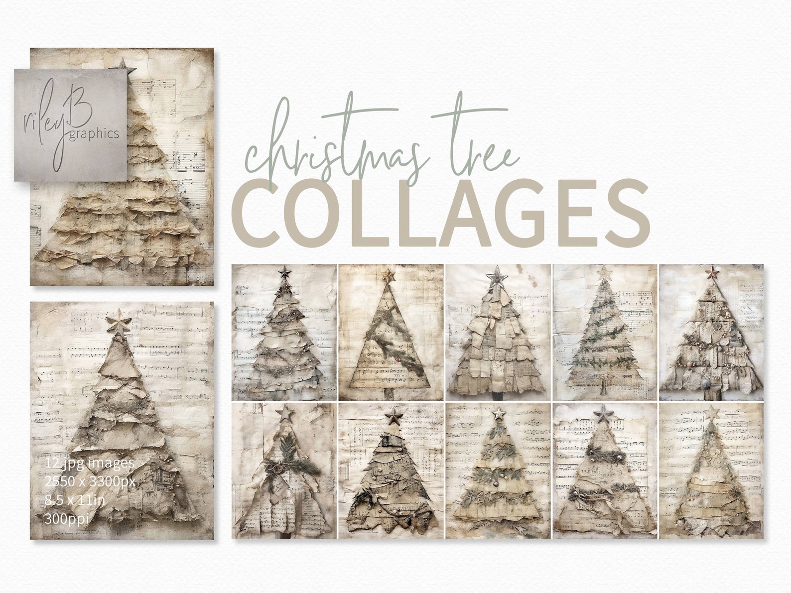 Christmas Tree Collages - Nostalgic Holiday Art - Distressed Paper ...