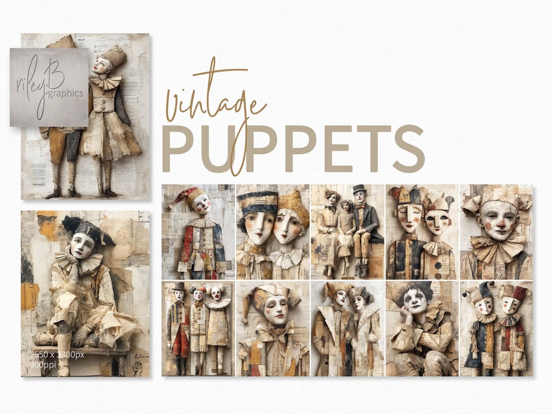 Vintage Puppets – Antique Marionette Collage Art – Rustic Circus Doll ...