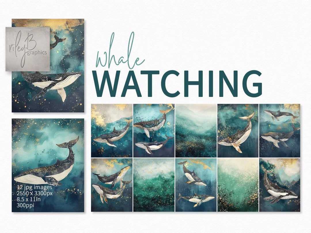 Whale Watching Paintings - Magical Whales - Teal and Gold Whale Art ...