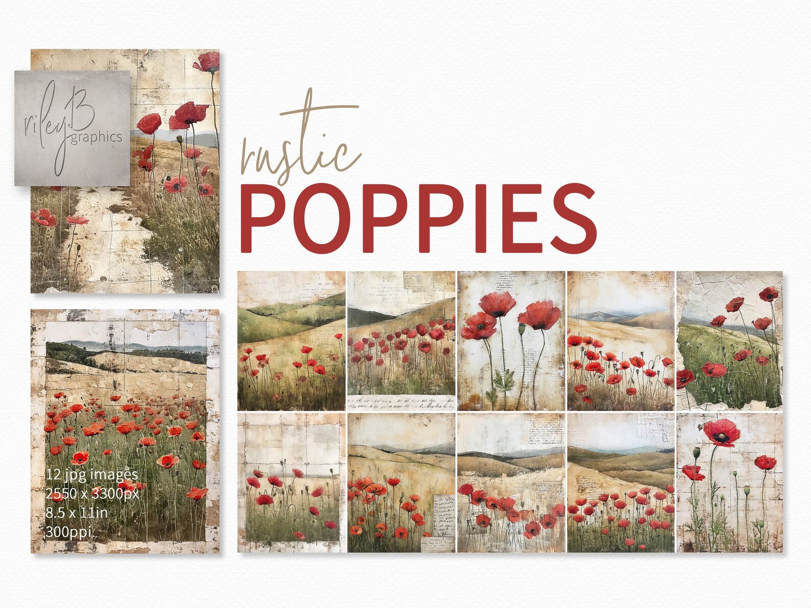 Rustic Poppies – Vintage Field Floral Art – Red Wildflower Meadow ...