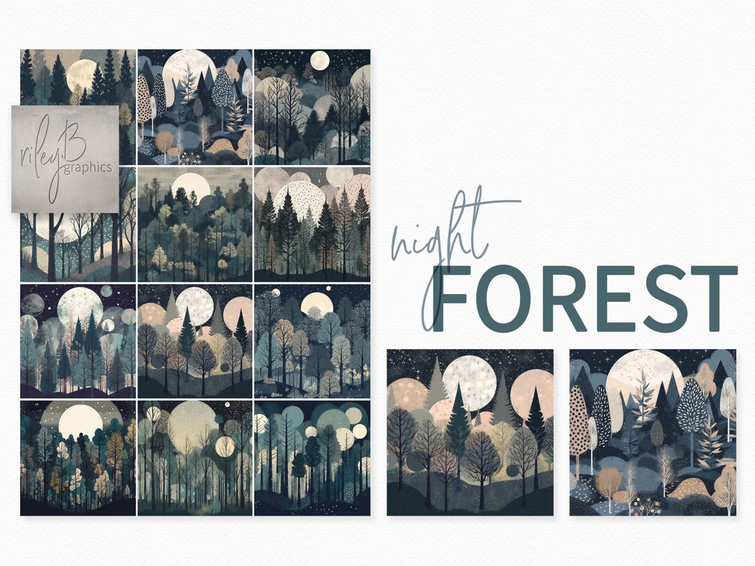 Night Forest Paintings - Fir Trees and Moons - Trees and Night Sky JPG ...