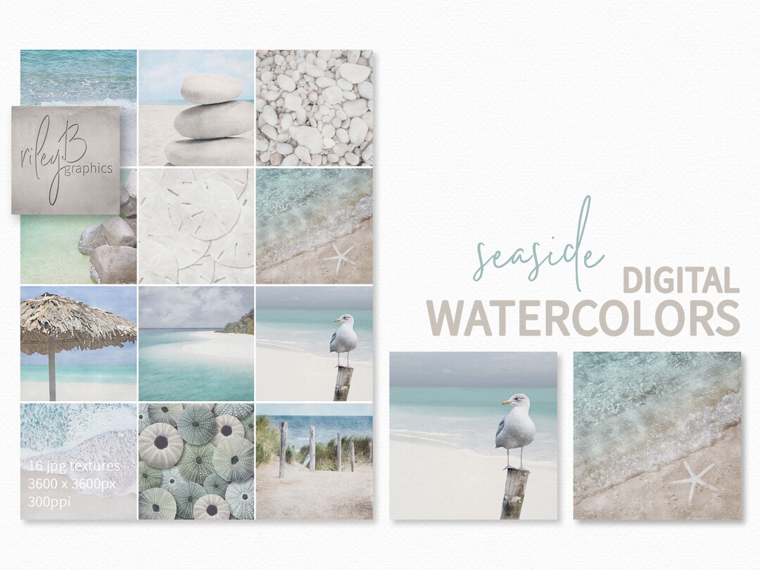 Seaside Watercolors - Digital Beach Scenes - Beach Background - Sea ...