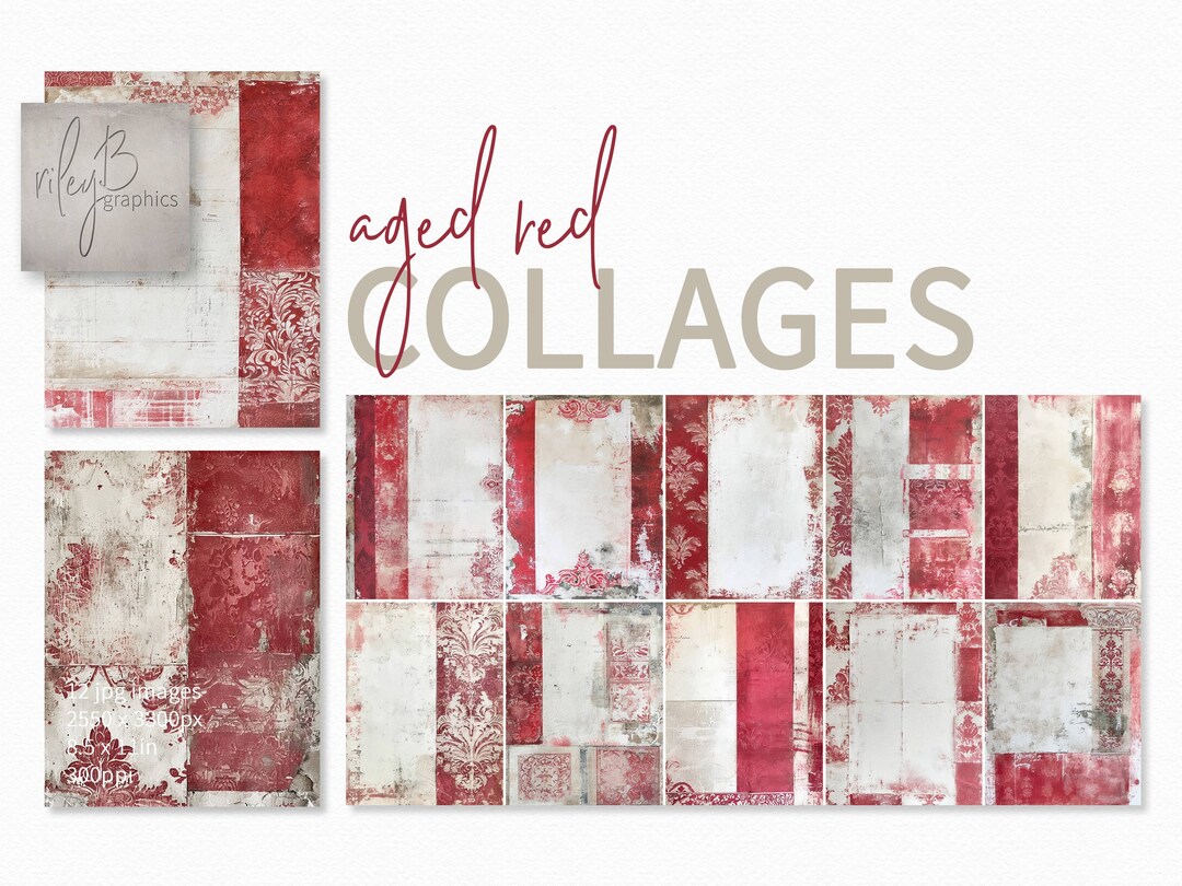 Aged Red Collage Paintings - Red and White Junk Journal Collages - Red ...
