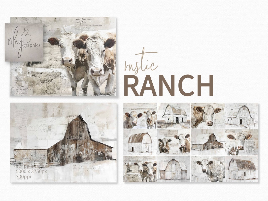 Rustic Ranch Paintings - Neutral Barn Paintings - Mixed Media Cows ...