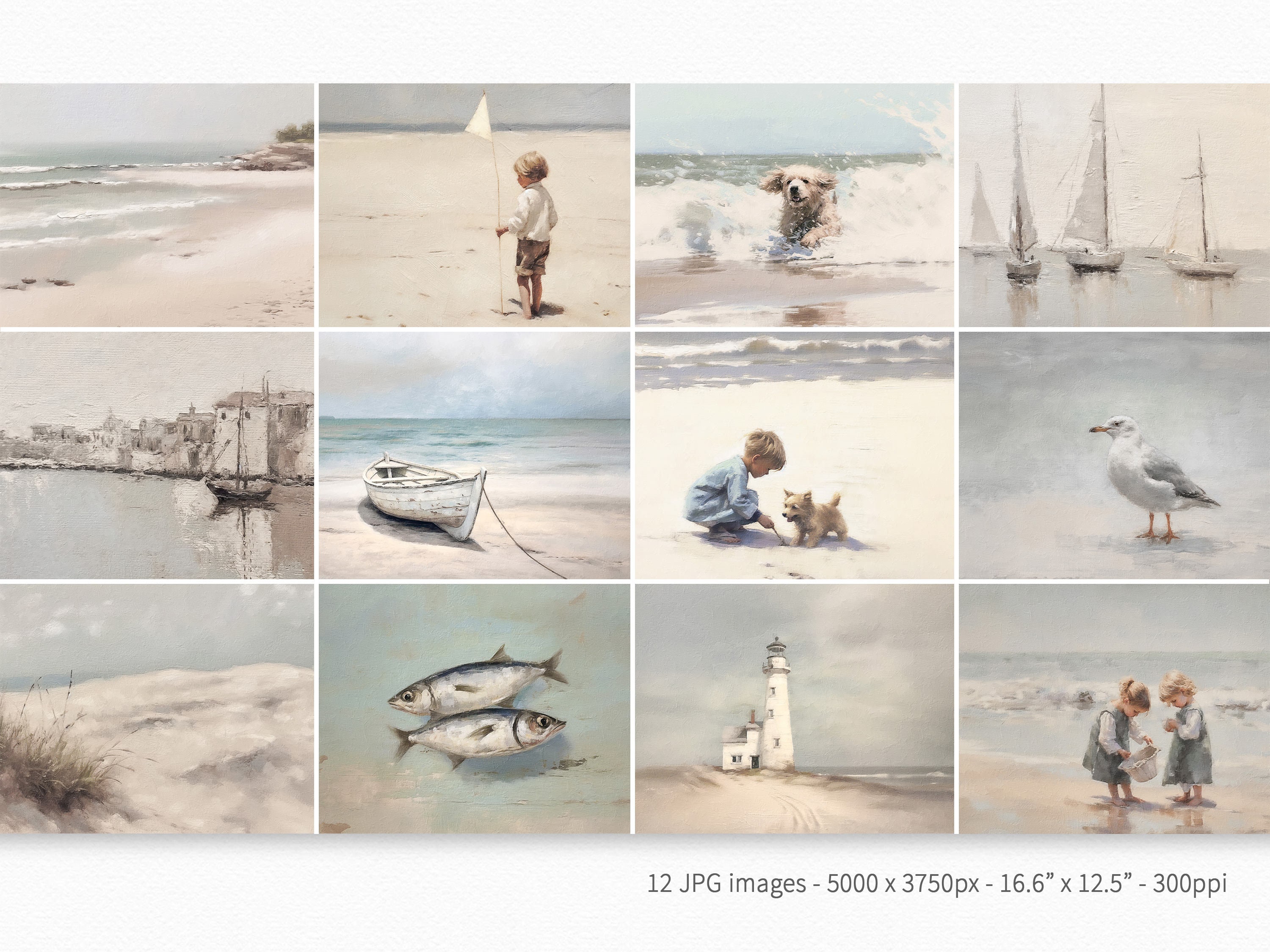 Coastal Paintings – Vintage Seaside Scenes – Beach Children and Boats ...