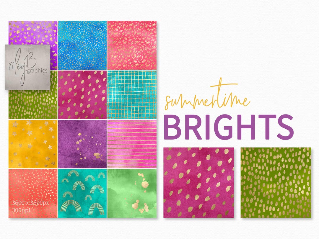 Summertime Brights Watercolor Textures With Gold Patterns - Bright ...