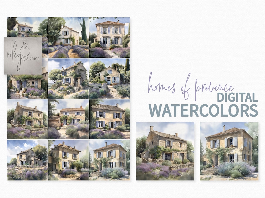 Homes of Provence Watercolors - Provence Digital Watercolors - Digital ...