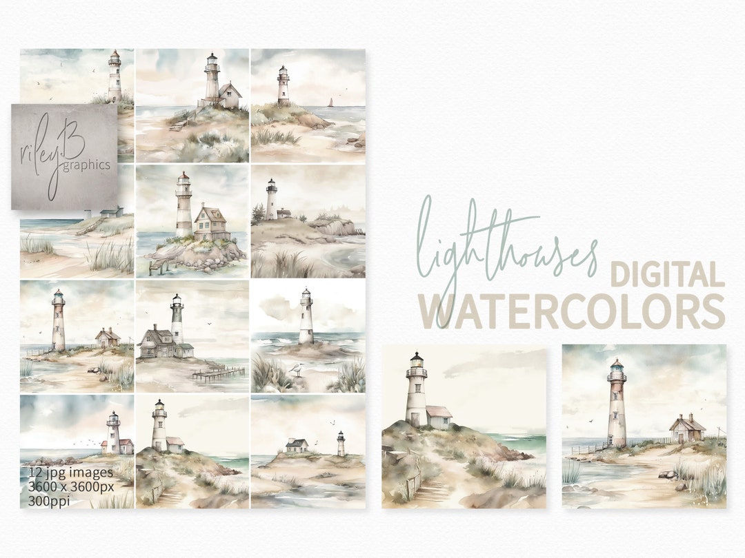 Lighthouse Watercolors - Digital Lighthouse Scenes - Lighthouse ...