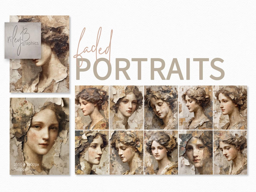 Faded Portraits – Vintage Female Face Art – Distressed Wall Portraits ...